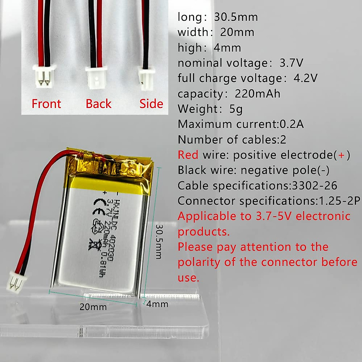 HXJNLDC DC 3.7V 220mah 402030 Rechargeable Lithium Polymer Replacement Battery for DIY 3.7-5V Electronic Product, Bluetooth Headset, Watch