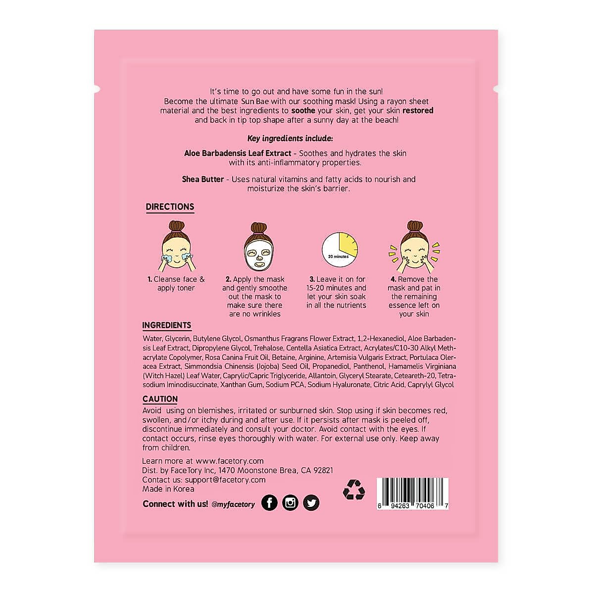FACETORY K Beauty Face Mask Skin Care - SUN BAE SOOTHING Sheet Mask with Aloe & Shea Butter | After Sun Care, Soothe & Restore (5 Pack)