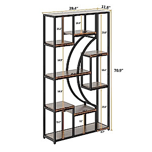 Etagere Bookcase, 70 Inch Tall Book Shelf with 9 Open Shelves, 40 inch Wide Industrial Wood Bookshelves with Metal Frame for Home Office Living Room and Bedroom, Gray Wash