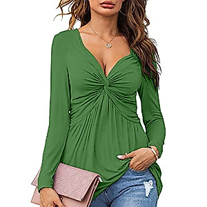 SMIDOW Womens Sexy Twist Front v Neck Tops Trendy Spring Long Sleeve Shirts Solid Casual Loose Comfy Pleated Blouse