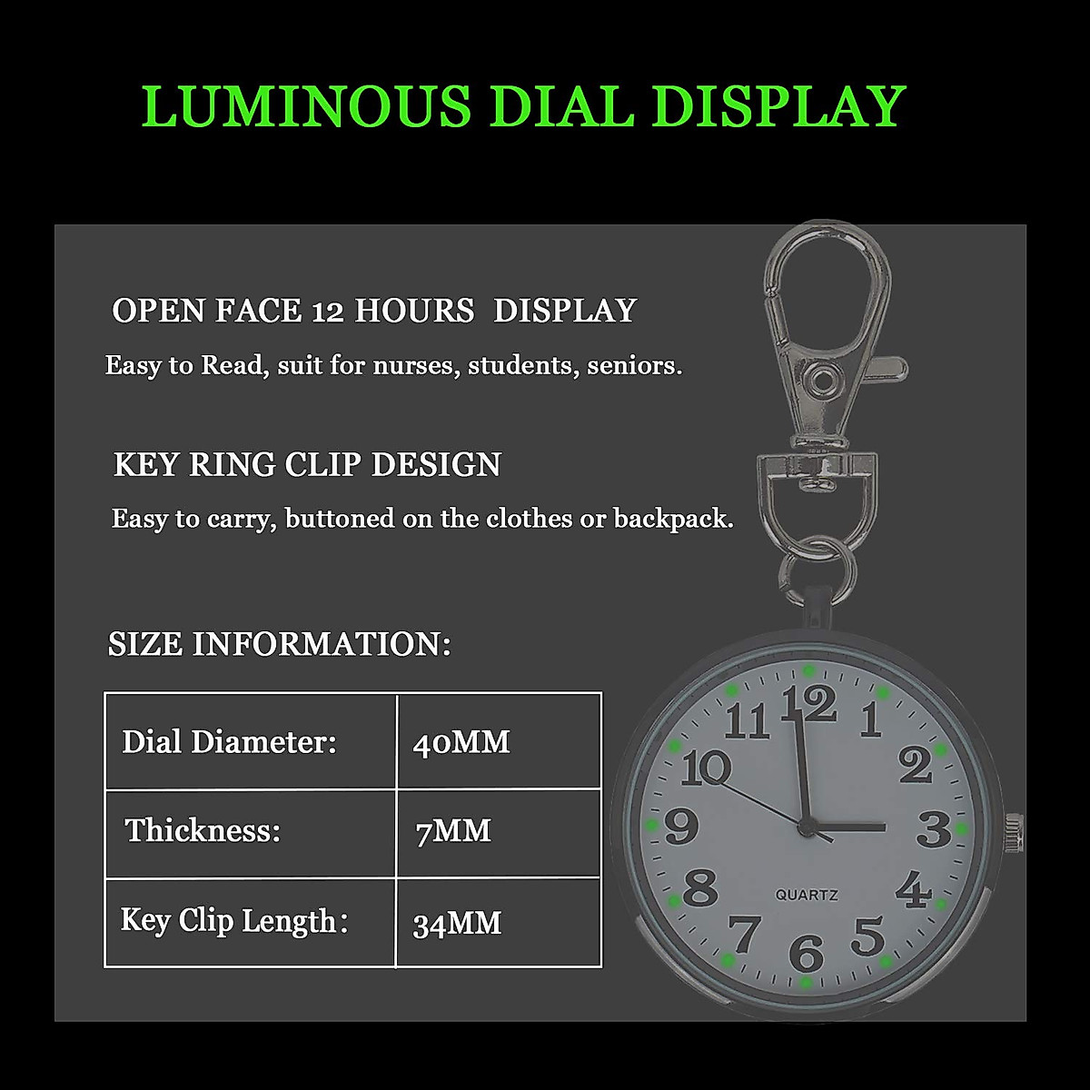 FUNGORGT Men's Pocket Watches Black Ultra Thin Quartz Small Open Face Pocket Watch with Key Buckle Clip on Pocket Watch