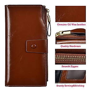 woogwin Women's RFID Large Capacity Luxury Genuine Leather Clutch Wallet Ladies Purse (Wax Coffee)