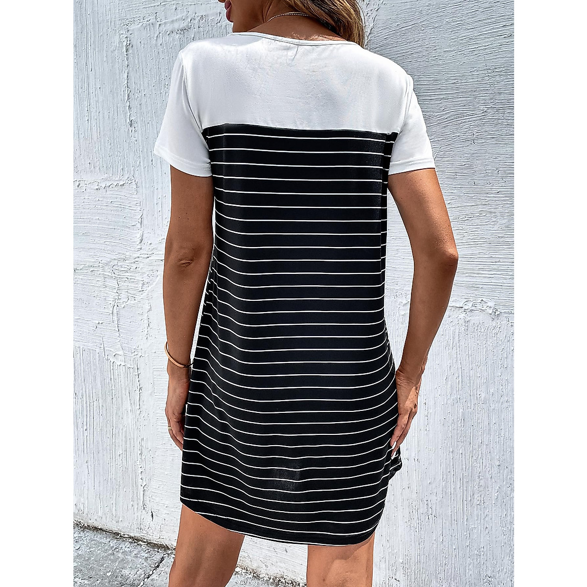 SOLY HUX Women's Striped Short Sleeve Tshirt Dresses Colorblock Button Summer Dress Black and White