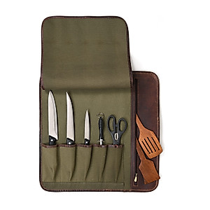 Chef Kniferoll Bag Leather and Waxed Canvas (Olive Green)