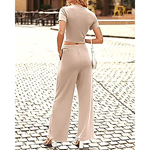 BTFBM Women Summer 2023 Two Piece Casual Outfits Lounge Set Ribbed Knit Bodycon Crop Top Long Pants Tracksuits Sweatsuit(Short Apricot, Small)