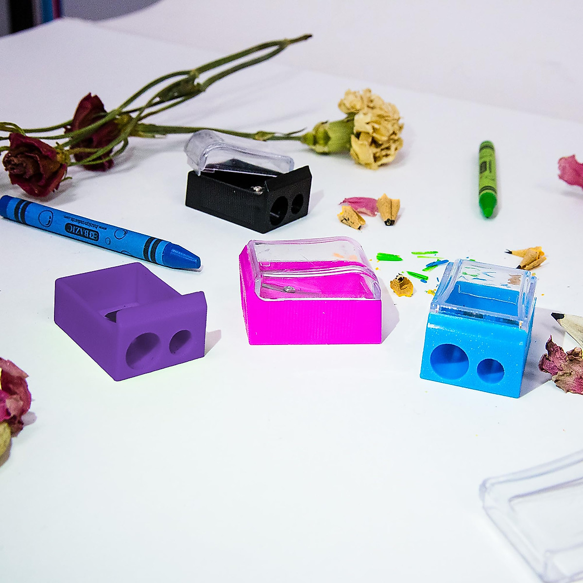 BAZIC Products Dual Blades Square Sharpener w/Receptacle (4/Pack), Red/Green/Blue/Black