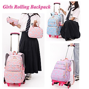Mfikaryi 3PCS Girls Rolling Backpack Elementary Student Schoolbag Travel Trolley Bag Wheeled Bookbag with Lunch Box