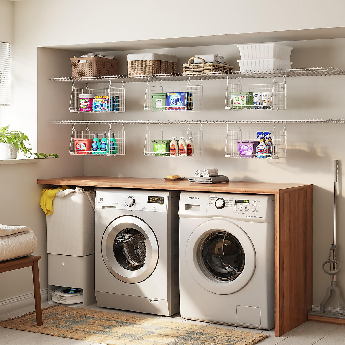 3-Tier Hanging Laundry Basket Organizer：Foldable Wire Shelf Laundry Room Organizer with 360°Rotating Hooks Space Saving Over Washer and Dryer Shelves - Metal laundry organization and storage, white