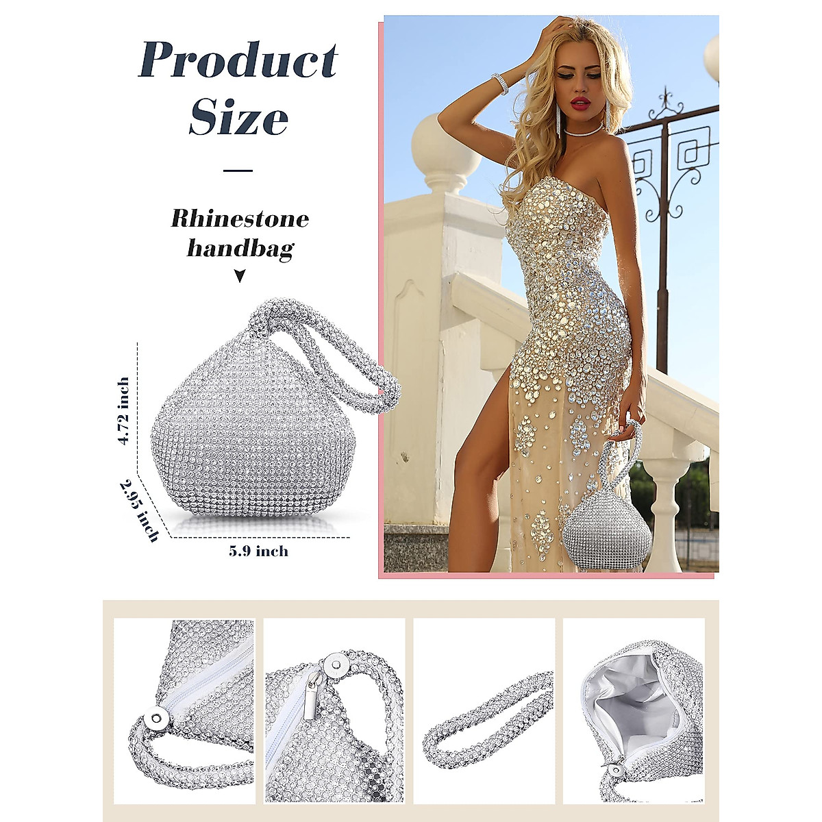 MTLEE Women Clutch Rhinestone Jewelry Set 4 Pieces Bridal Wedding Choker Bracelet Dangle Earrings Triangle Bling Glitter Purse for Party (Silver)