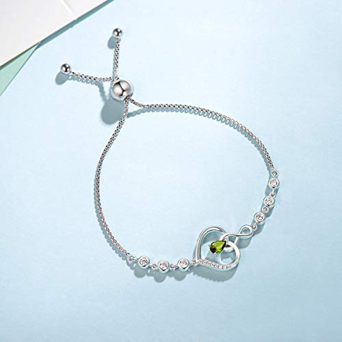AGVANA August Birthstone Jewelry Peridot Bracelet for Women Sterling Silver Heart Tennis Bracelets Infinity Love Bolo Bracelet Fine Jewelry Anniversary Birthday Gifts for Women Girls Mom Wife Her
