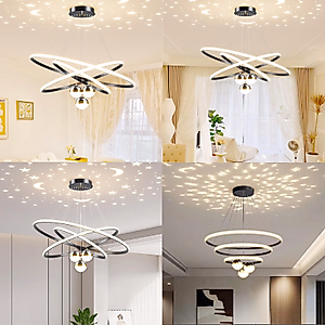 Modern LED Chandelier, 3 Rings Chandelier for Living Room with Remote Control , 3-Ball Dimmable chandelier with Mappable Lighting, High Ceiling Hanging Restaurant LED Chandelier for Dining Room