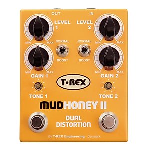 T-Rex Engineering MUDHONEY-II Dual Distortion Guitar Effects Pedal with Two Independent Channels of Vintage Gain Dual Distortion; Individual Boost Function and Tone Controls for Each Channel (10020)