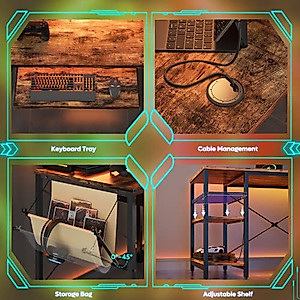 Bestier L Shaped Gaming Desk with Led Light 95.2 Inch Computer Corner Desk or 2 Person Long Table with Shelves Monitor Stand and Keyboard Tray for Home Office, Rustic Brown