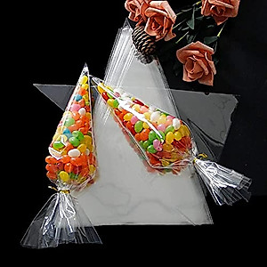 Cone Bags Clear Cello Treat Bags with Gold Twist Ties, Triangle Transparent Cellophane Sweet Bag for Halloween Christmas Party Snacks Chocolates Candy Popcorn Cookies Craft Gifts (5.1" X 9.8")