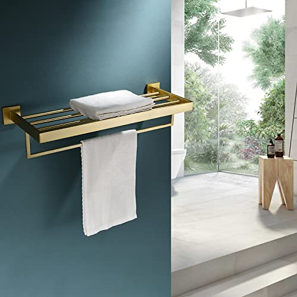 TURS Bathroom Towel Rack Brushed Gold Towel Shelf with Towel Bar Stainless Steel Wall Mounted Towel Holder Towel Rail