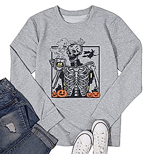 MYHALF Coffee Skeleton Sweatshirt Women Halloween Pumpkin Shirts Funny Graphic Long Sleeves Fall Sweatshirts