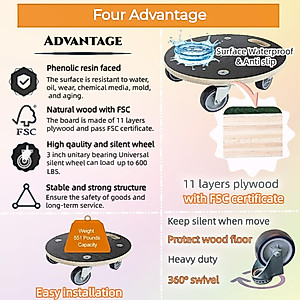 15-Inch Round Wood Platform Dolly with TPR Silent 3" Wheel, 551-lb Load Capacity Heavy Duty Wood Furniture Dolly, Multifunctional Movers Carrier,Plant Dolly, One Pack