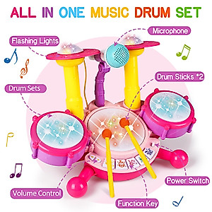 Basytodio Baby Music Toy 0-6-12 Month Electronic Kid Drum Set for Toddler Indoor Outdoor Montessori Sensory Activity Interactive Infant Surprise First Birthday Gift for One Year Old Girl Boy