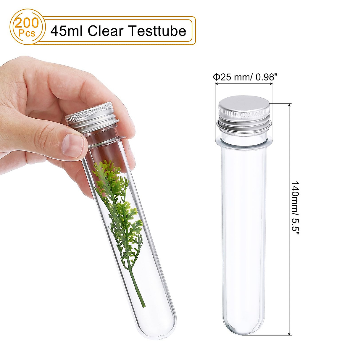 PATIKIL 200Pcs 45ml Plastic Test Tube with Screw Caps, 140x25mm Tubes Aluminum Lid, for Scientific Experiments Party Decoration Candy Bead Storage Bath Salt