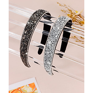 Wecoe 2 Pack Rhinestone Headbands Women Black Silver Headband Wide Headbands For Women Non Slip Fashion Bling Sparkly Diamond Holiday Headband Birthday Wedding Bridal Hair Accessories For Women Girls