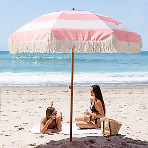 AMMSUN 7ft Patio Umbrella with Fringe Outdoor Tassel Umbrella UPF50+ Premium Steel Pole and Ribs Push Button Tilt, Riviera Pink Stripe