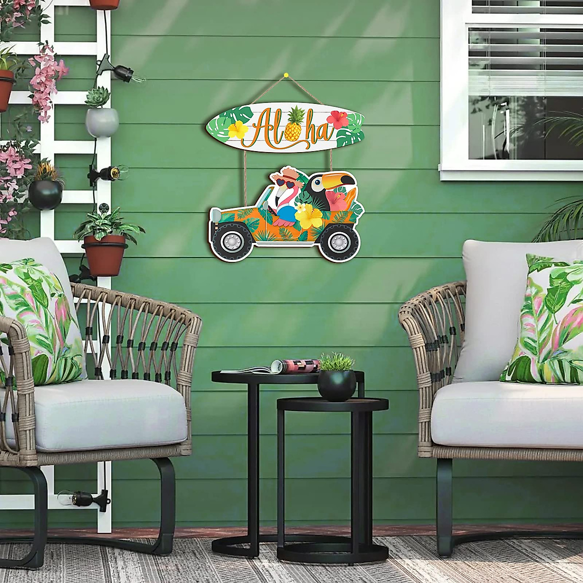 POILKMNI Hawaii Summer Door Wooden Sign Surfboard Aloha Signs Hanger Tropical Welcome Hanging for Front Porch Bedroom Living Room Kitchen Home Wall Decor Green/Yellow/White