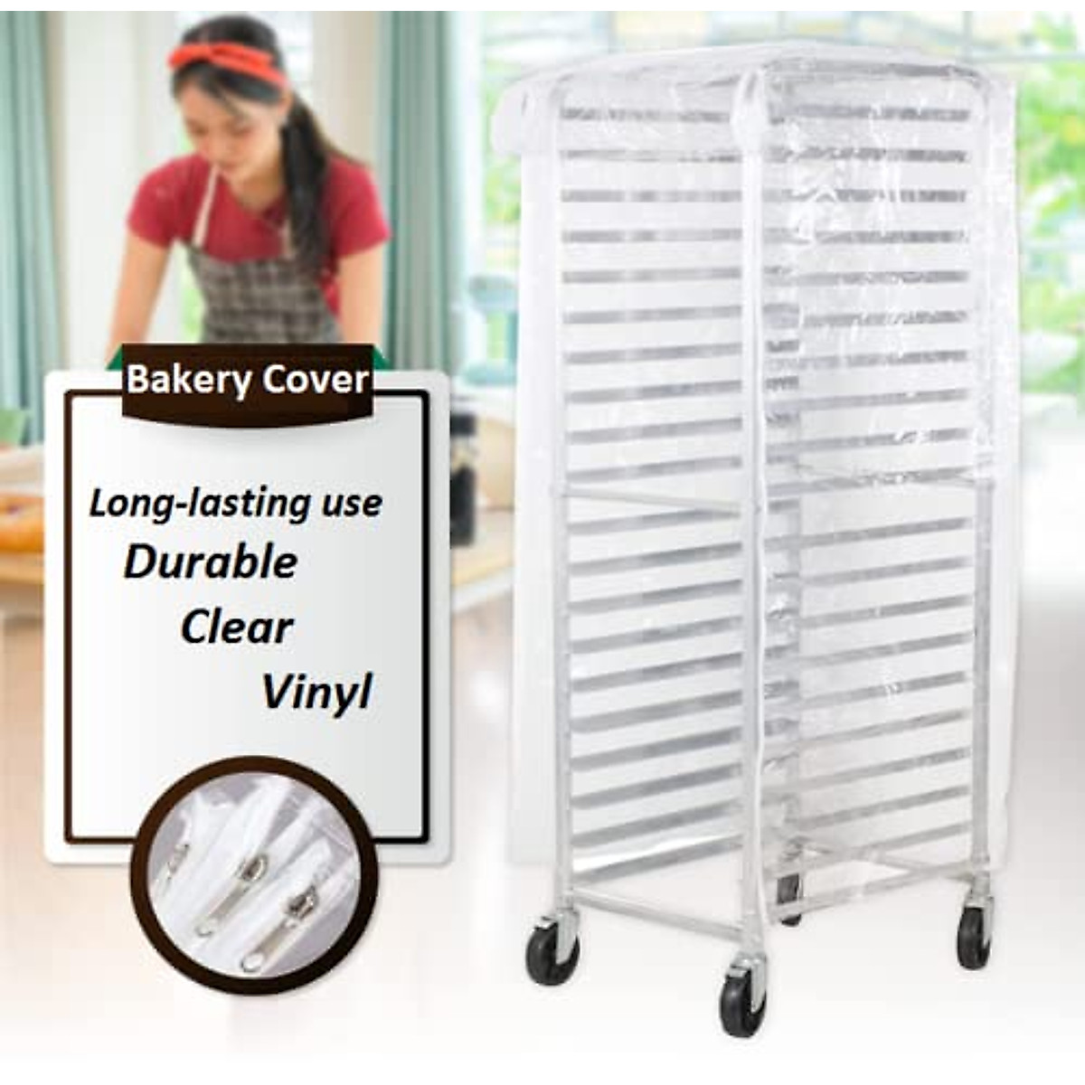 Made in USA. High quality Long-lasting use Vinyl COVER, Bakery Food Pan Sheet Rack Transparent COVER, size: 23"W x 28"L x 61"H, Long-lasting use Durable Clear Vinyl, with 3 Zippers.