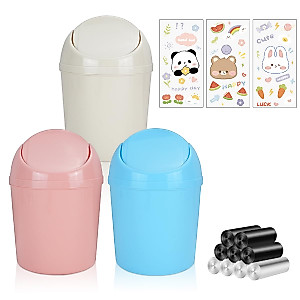3 Pcs Mini Trash Can with Lid, Small Desktop Trash Can, Countertop Tiny Garbage Cans with 270 Trash Bags and 3 Cartoon Sticker, Portable Plastic Bin for Kitchen Home Bedroom Office (Blue, Beige, Pink)
