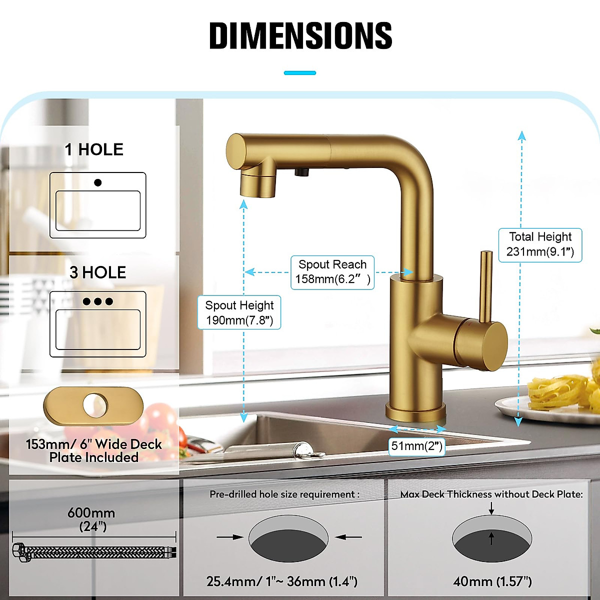 CREA Sink Faucet, Gold Kitchen Faucets with Pull Down Sprayer, Bathroom Sink Faucets Mini Bar Prep Faucet Single Handle 3 or 1 Hole Utility Faucet Laundry Outdoor Tap
