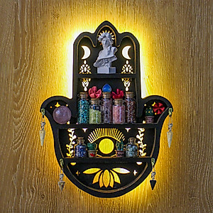 FNYDOX Hamsa Hand Crystal Shelf Display for Wall with 4 Hooks & LED Light, Wooden Knick Knack Display Shelf, Sun & Moon Gem Stone Rock Organizer Trinket Storage Holder