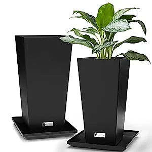 Elevens Set of 2 Tall Outdoor Planters 28 Inch, Large Planters for Indoor Outdoor Plants, Tapered Square Flower Pots with Tray for Patio,Black