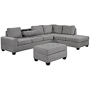 Verfur Fabric Upholstery Convertible Sectional Sofa with Reversible Chaise, L Shaped Couch with Storage Ottoman and 2 Cup Holders Corner, Light Gray 112"