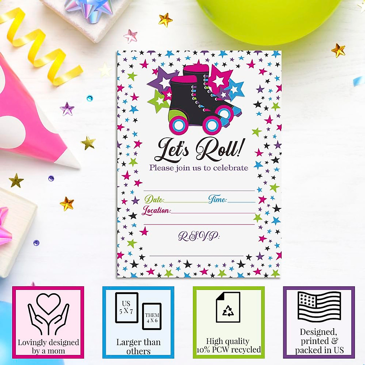 Let’s Roll Star Roller Skating Birthday Party Invitations, 20 5x7 Fill In Cards with Twenty White Envelopes by AmandaCreation