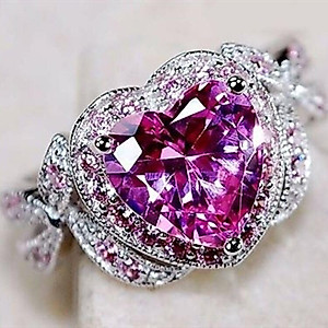 SixTwo 925 Sterling Silver Rings Heart-Shaped Perfect Cut 3ct Pink Gemstone Ring Solitaire Shiny Heart Rings CZ Cubic Zirconia Promise Love Halo Engagement Wedding Band Eternity Ring for Women (8)