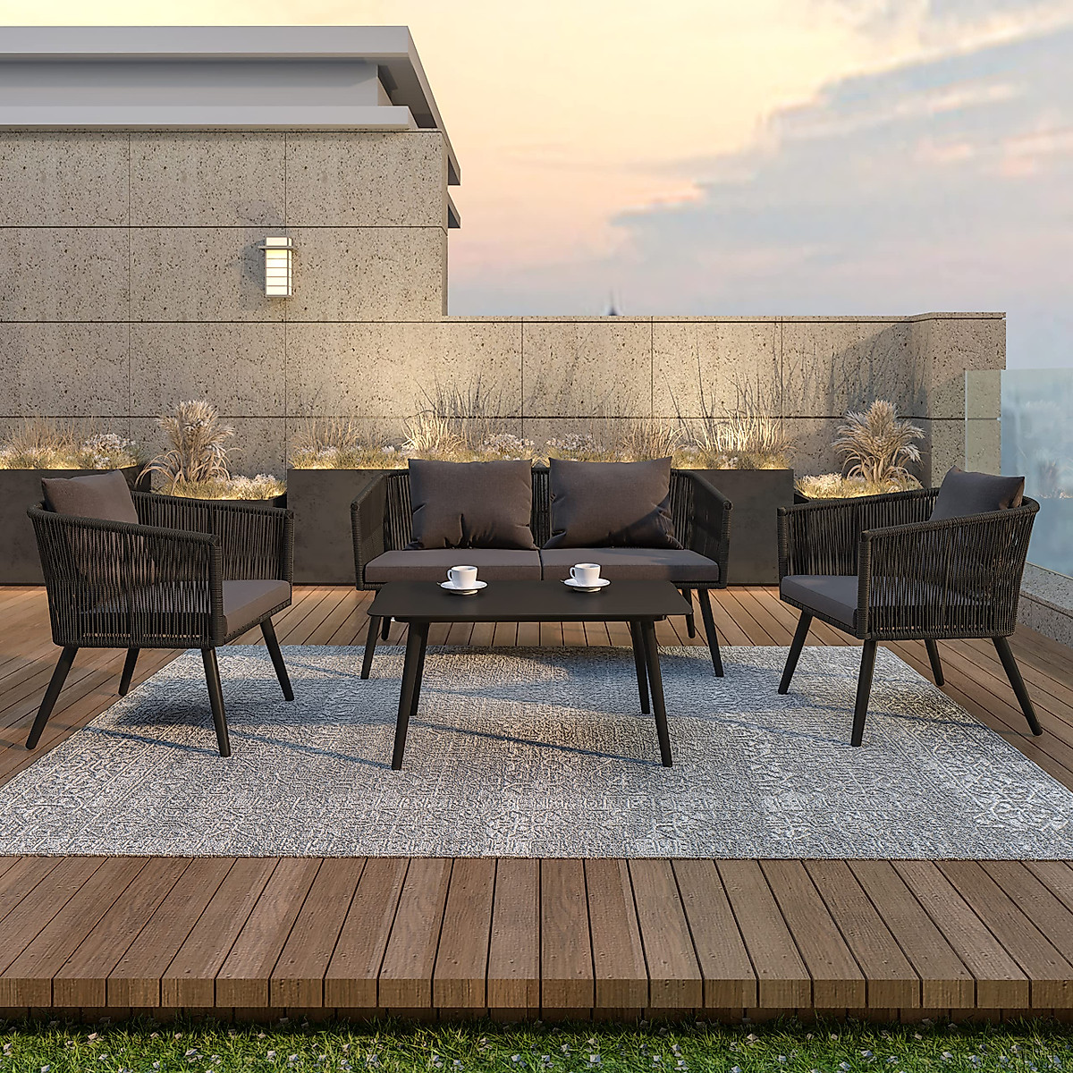 Flash Furniture Kierra 4 Piece Indoor/Outdoor Seating Set - Black Woven Back & Seat - Gray Zippered Removable Cushions - Aluminum Frames - Black Metal Plank Top Table