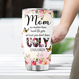 JENOIS Mom Ugly Children, Funny Coffee Mothers For Tumblers Mama Mother Insulated Day Cups Women Handle, Tumbler 20 Oz With Lid And Straw, Best Mom Ever Gifts