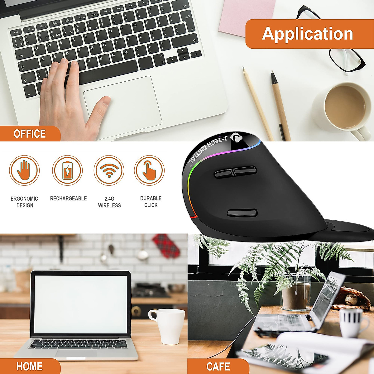 J-Tech Digital Ergonomic Mouse with Wireless Connection, Removable Palm Rest, Thumb Buttons, Rechargeable Battery, 800 DPI, Compatible with Windows and MAC OS