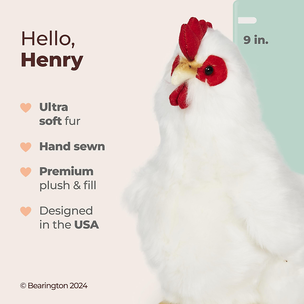 Bearington Henny Plush White Hen Stuffed Animal, 9 Inches