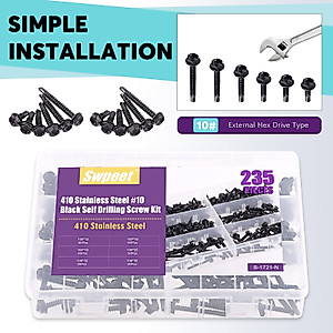 Swpeet 235Pcs Black 410 Stainless Steel #10 Self Drilling Screw Assortment Kit, Hex Washer Head Self Drilling Sheet Metal Screws Head Self Tapping Screws Anti-Rust Metal Screws Set