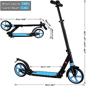 Scooter for Kids Ages 8-12, Folding Scooter for Teens/Adults with 4 Adjustment Levels, Big 8" Wheels Scooter with Anti-Shock Suspension and Carry Strap, Adult Scooter up to 220lbs, Azure