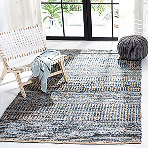 SAFAVIEH Cape Cod Collection Accent Rug - 4' x 6', Natural & Blue, Handmade Flat Weave Coastal Braided Jute, Ideal for High Traffic Areas in Entryway, Living Room, Bedroom (CAP353A)