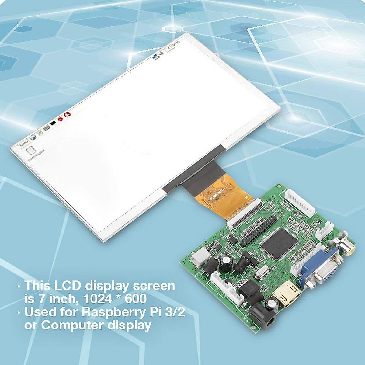 Qioni 7 inch 1024 * 600 LCD TFT Display HDMI VGA Monitor for Raspberry Pi 3/2/ Computer Display and Driver Board, Flat Cable, USB Power Supply Cord, Remote Control