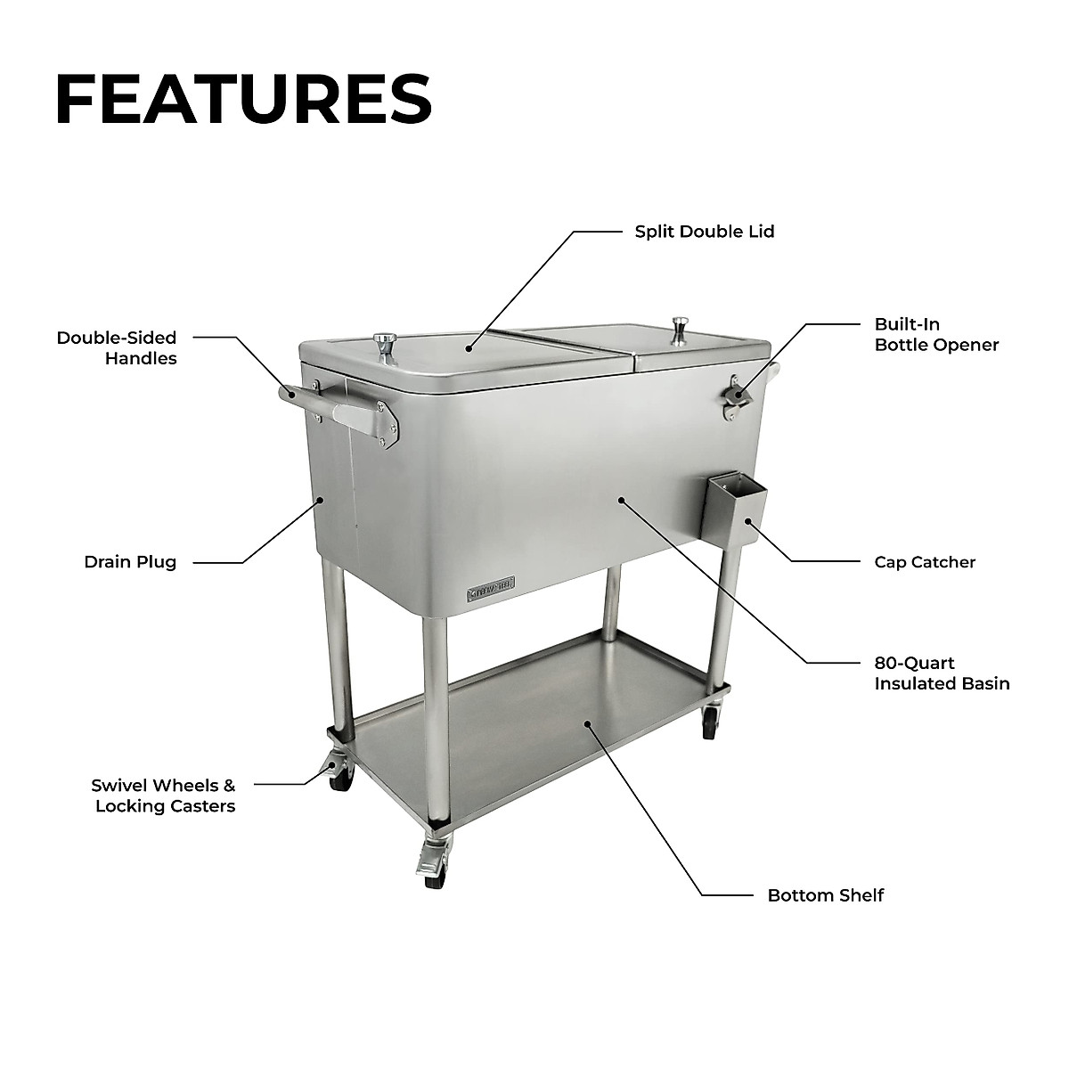 Permasteel 80-Qt Outdoor Patio Cooler with Wheels and Handles, Stainless Steel