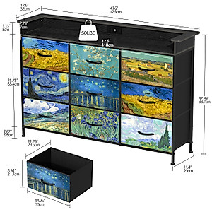Welfuturer Dresser for Bedroom with 9 Drawers Van Gogh Dressers & Chest of Drawers Fabric Clothes Drawer Fabric Closet Organizer for Living Room Entryway Closet Nursery Sturdy Steel Frame Wood Top