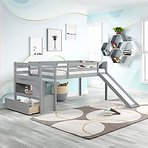 Low Loft Bed with Slide and Stairs Twin Loft Bed with Storage Wood Bed Frame for Kids Teens Girls Boys， Gray