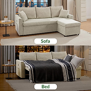 ODIKA L Shaped Convertible Sleeper Sofa Bed, 84" Sectional Couch for Living Room - Dual USB-C Charging, Pull Out Bed, Reversible Chaise with Storage & Pockets, Removable & Washable Beige Linen Covers