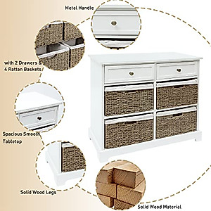 Babion Wicker Basket Storage Cabinet, Wicker Storage Cabinet with 2 Drawers and 4 Basket, Storage Cabinet with Wicker Baskets, Chest of Drawers for Living Room, Hallway, Nursery,Easy Assembly