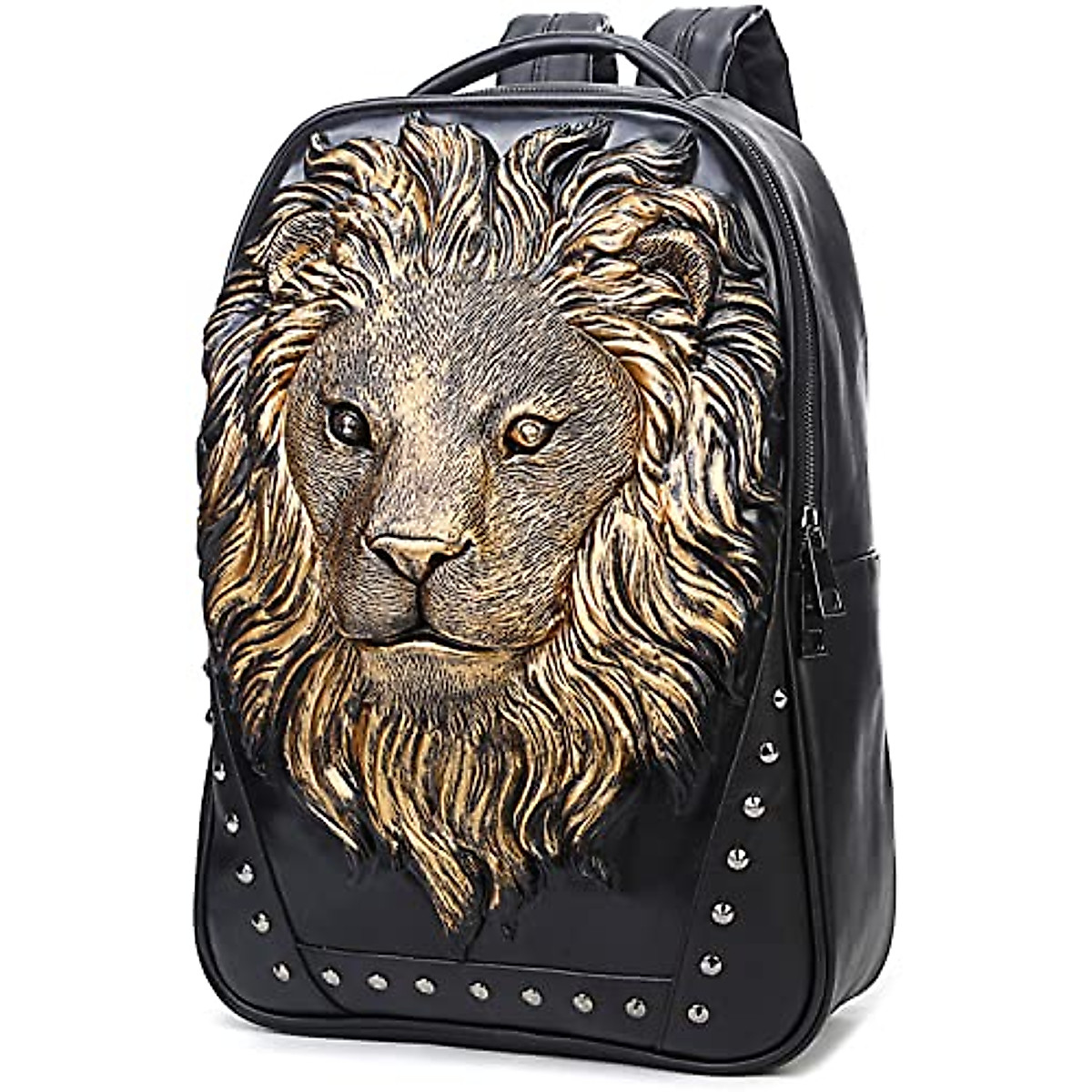 3D Animal Head Backpack, Studded PU Leather Cool Laptop Backpack College Bookbag (Lion-Gold) One Size