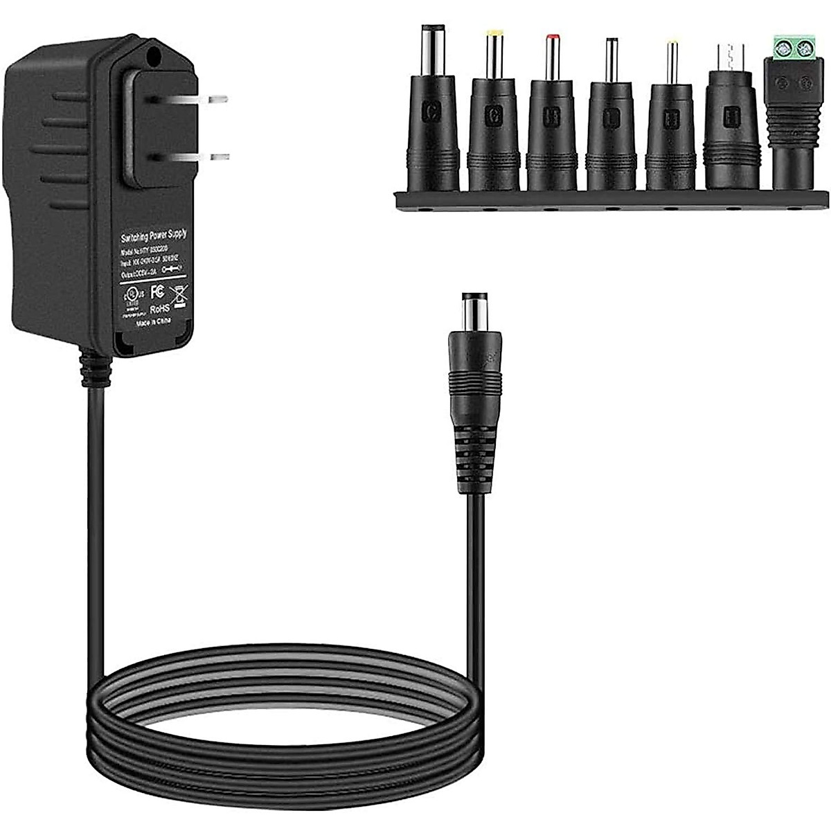 BOLWEO Universal 5v 2a Power Supply Adapter,AC to DC Adapter with 7 Tips Connector DC Plugs Adapter for TV Box, Security Camera, LED Strip Lights, Audio/Video and More 5v Household Electronic Devices