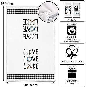Seliem Live Love Lake House Kitchen Dish Towel Set of 2, Black White Buffalo Plaid Check Anchor Paddle Tea Bar Hand Drying Cloth, Spring Summer Farmhouse Happy Hour Decor Sign Home Decorations 18 x 28